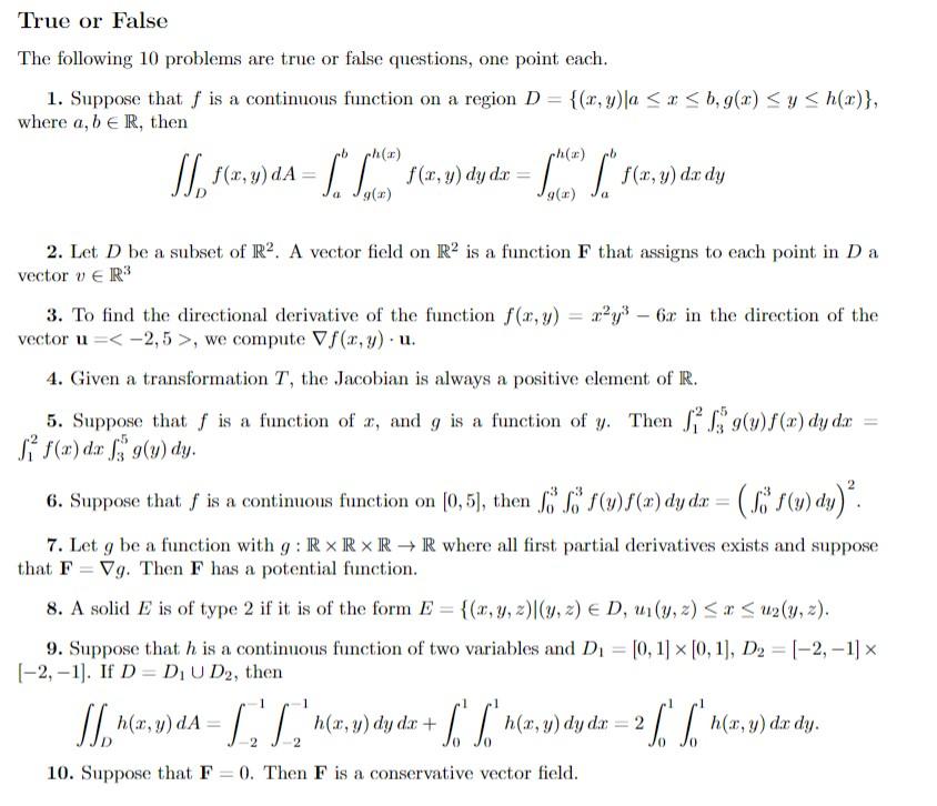 Solved True or False The following 10 problems are true or | Chegg.com