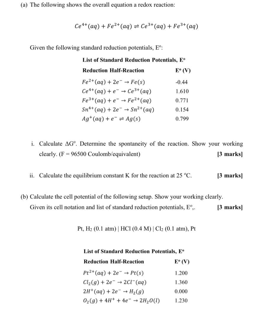 Solved (a) The following shows the overall equation a redox | Chegg.com