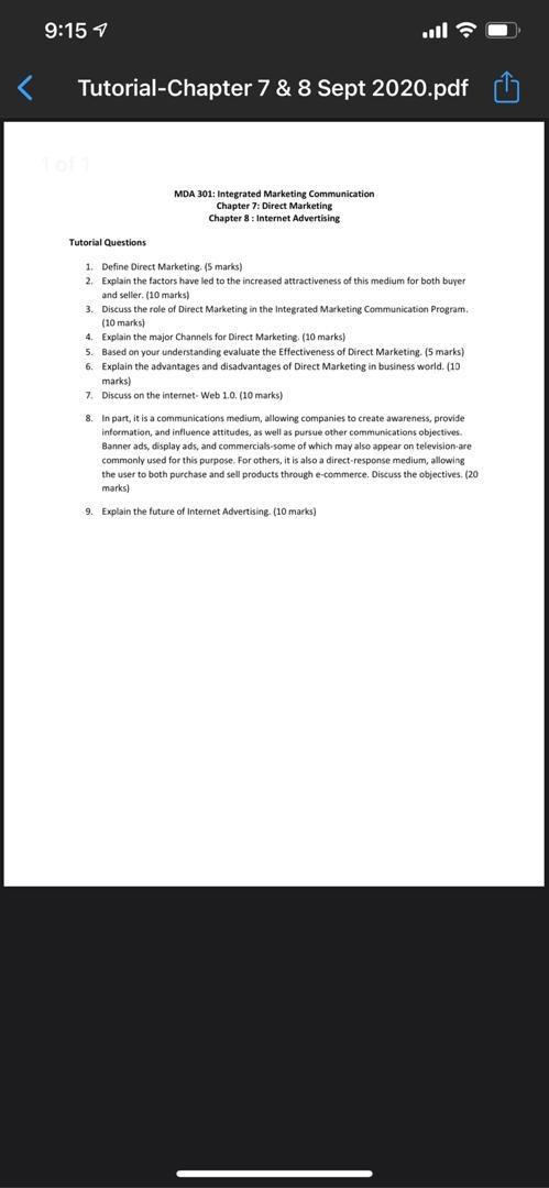 Solved 9:15 4 Tutorial-Chapter 7 & 8 Sept 2020.pdf MDA 301: | Chegg.com