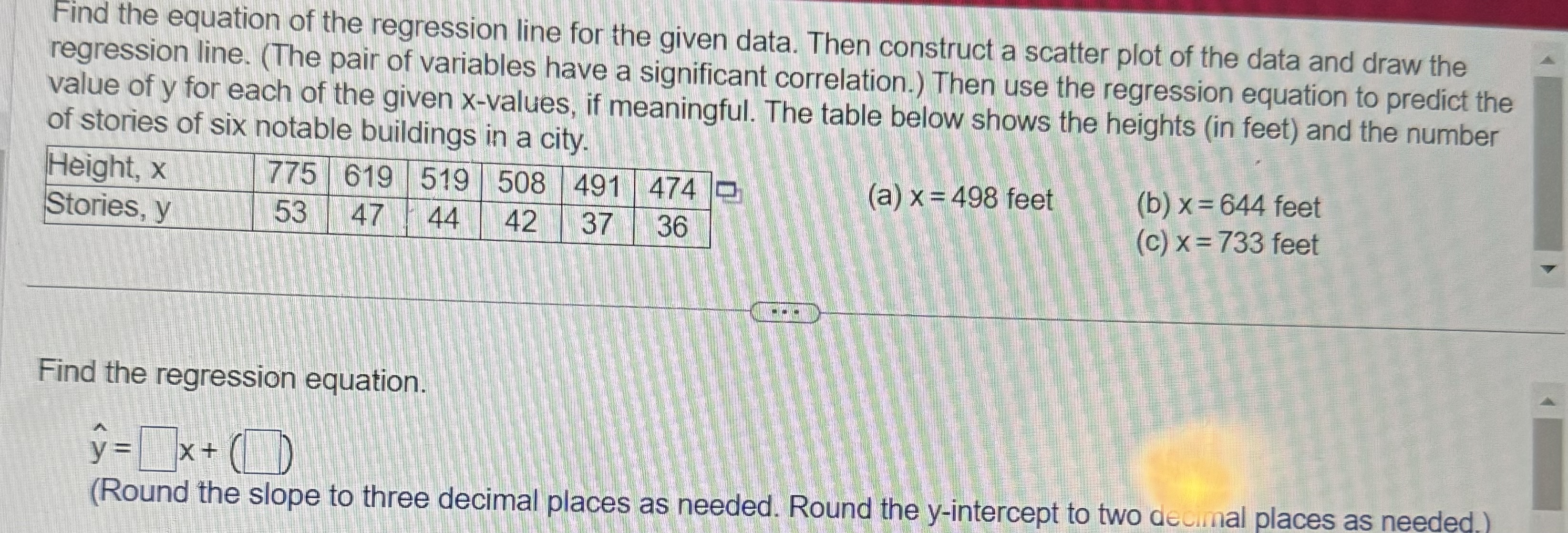 Solved regressio equation of the regression line for the | Chegg.com