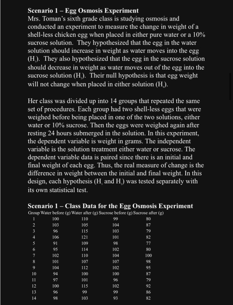 Solved Scenario 1 - Egg Osmosis Experiment Mrs. Toman's | Chegg.com