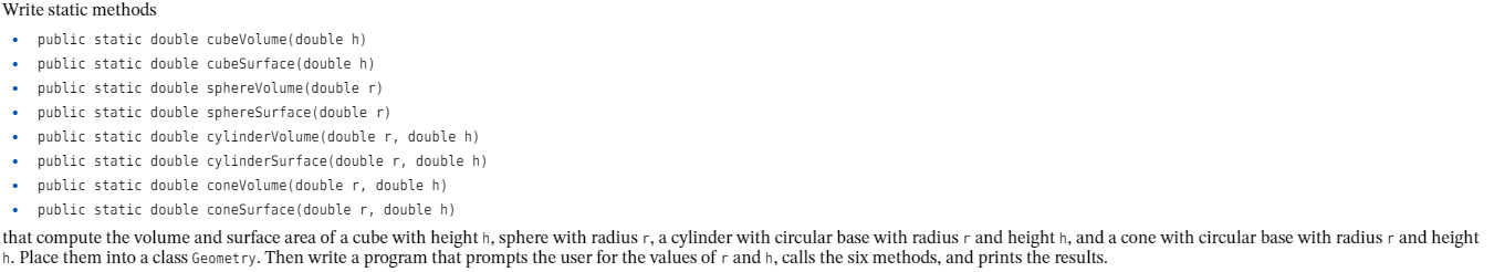 Solved Write static methods public static double cubeVolume | Chegg.com