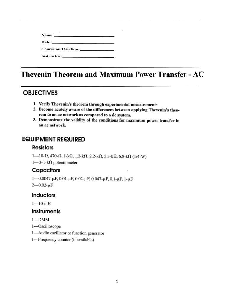 Solved Name: Date: Course and Section: Instructor: Thevenin | Chegg.com