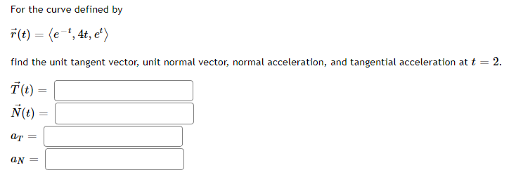 Solved For the curve defined by r(t)= e−t,4t,et find the | Chegg.com