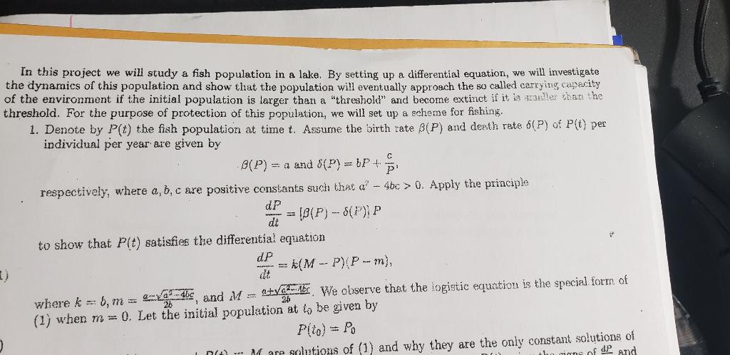 Solved In this project we will study a fish population in a | Chegg.com