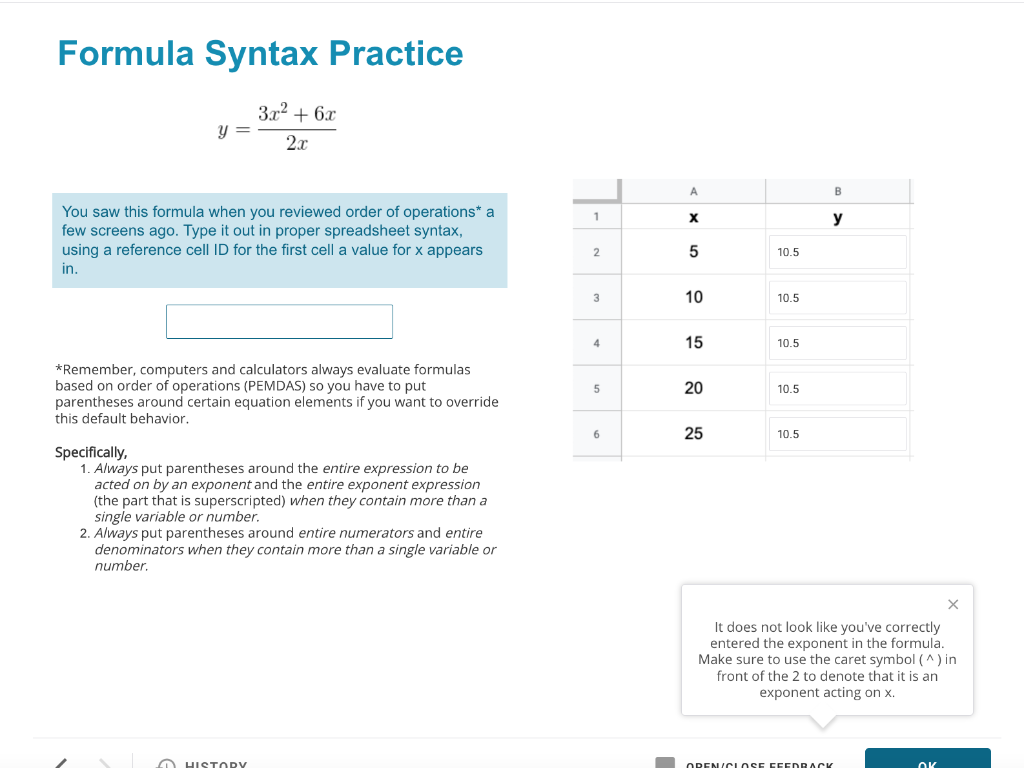 Solved Formula Syntax Practice 3x² + 6x 2x y = You saw this | Chegg.com