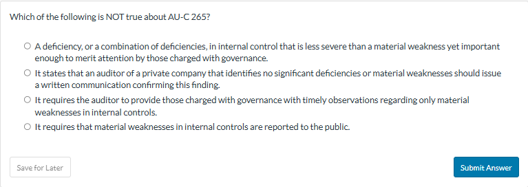 Solved Which of the following is NOT true about AU-C 265?A | Chegg.com