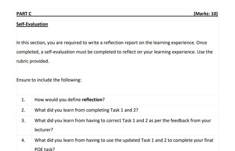 Solved PARTC (Marks: 10) Self-Evaluation In this section, | Chegg.com Solved PARTC (Marks: 10) Self-Evaluation In this section, | Chegg.com