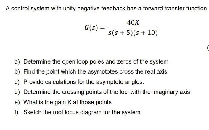 Solved A Control System With Unity Negative Feedback Has A 