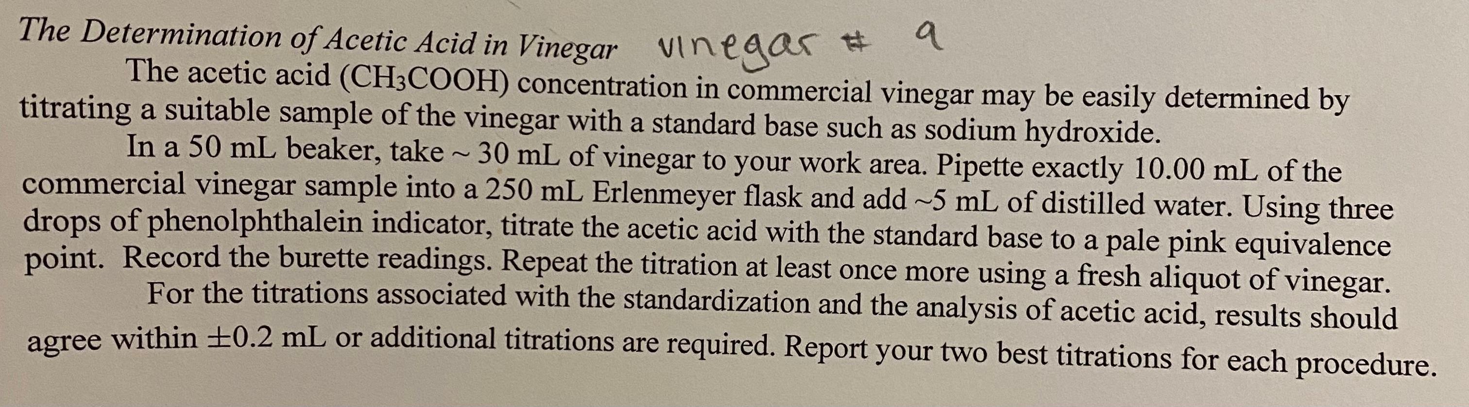Solved q a The Determination of Acetic Acid in Vinegar | Chegg.com