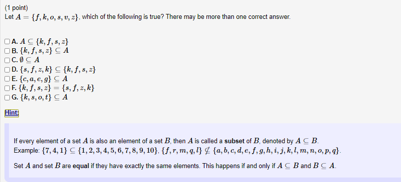 Solved (1 point) Let A = {f,k, 0,8, v, z}, which of the | Chegg.com
