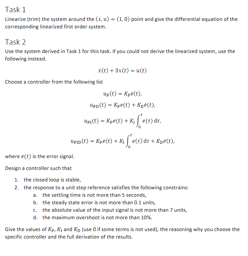 Task 1 Linearize (trim) the system around the (x, u) | Chegg.com
