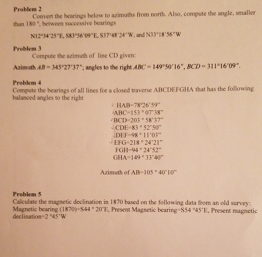 Solved Problem 2 Convert the bearings below to azimuths from | Chegg.com