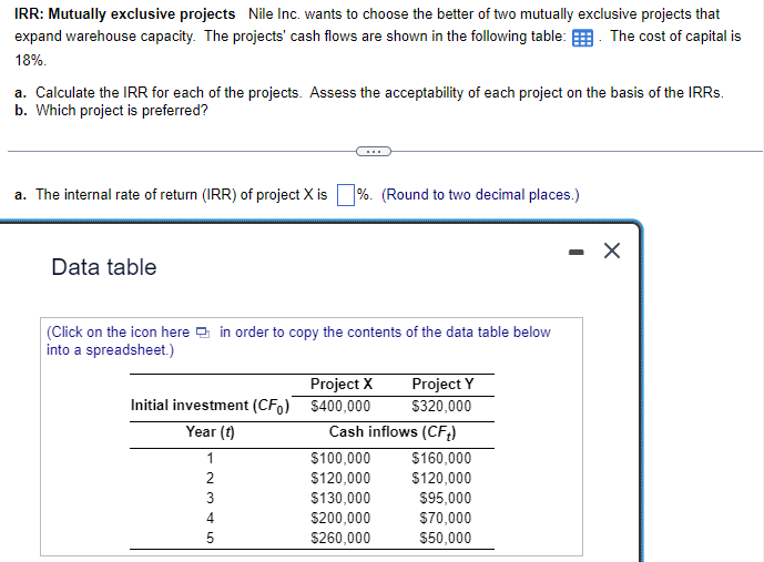 Solved IRR: Mutually exclusive projects Nile Inc. wants to | Chegg.com Solved IRR: Mutually exclusive projects Nile Inc. wants to | Chegg.com
