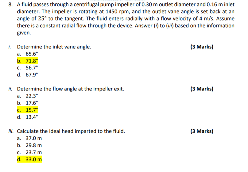 Solved 8. A fluid passes through a centrifugal pump impeller | Chegg.com