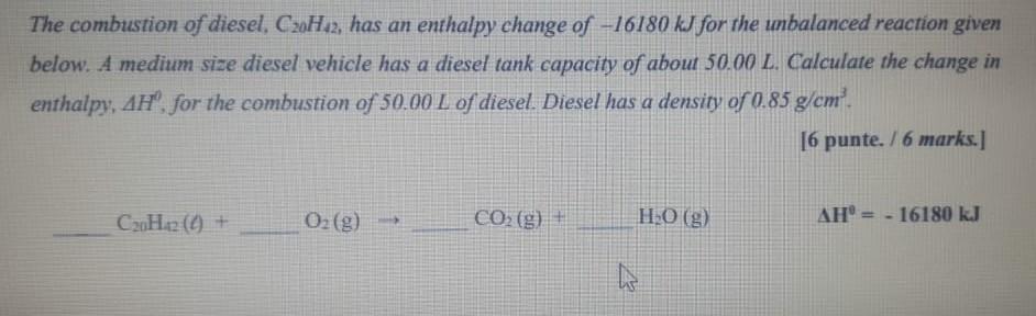 Solved The combustion of diesel. C20H42, has an enthalpy | Chegg.com