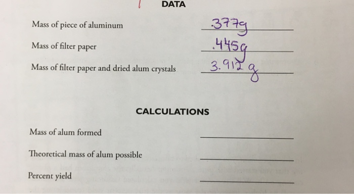 Solved DATA Mass of piece of aluminum Mass of filter paper | Chegg.com