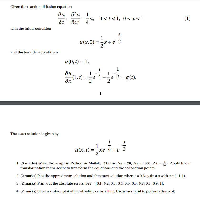 Given the reaction diffusion equation | Chegg.com