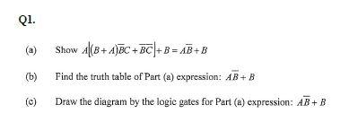 Solved Q1. (a) Show A(B+ A]ĘC +BC]+ B = AB+B + = (b) Find | Chegg.com