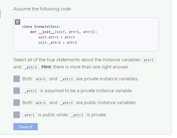 Solved Assume the following code: class ExampleClass: def | Chegg.com