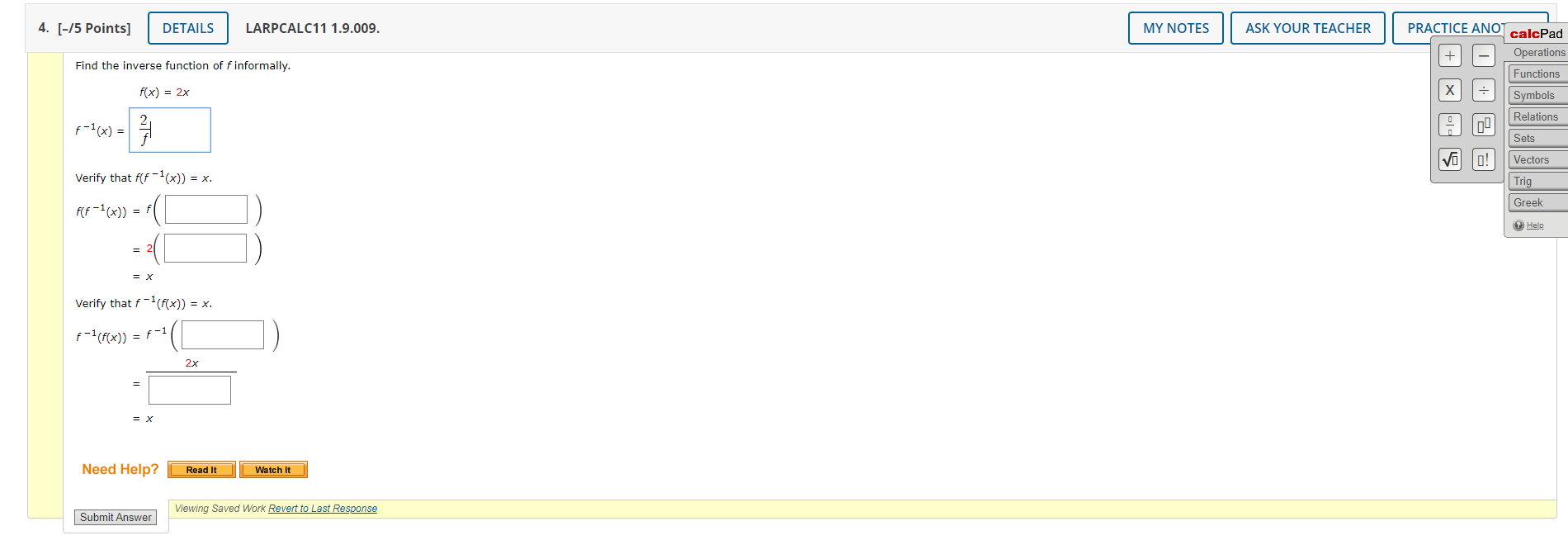 Solved Find the inverse function of \( f \) informally. \[ | Chegg.com