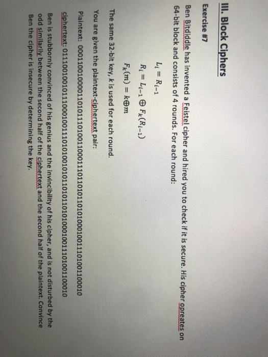 Solved IIl. Block Ciphers Exercise #7 Ben Bitdiddle has | Chegg.com