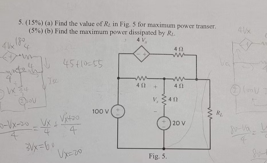 Solved 15% RL in ﻿Fig. 5 ﻿for maximum power transer.(5%) (b) | Chegg.com