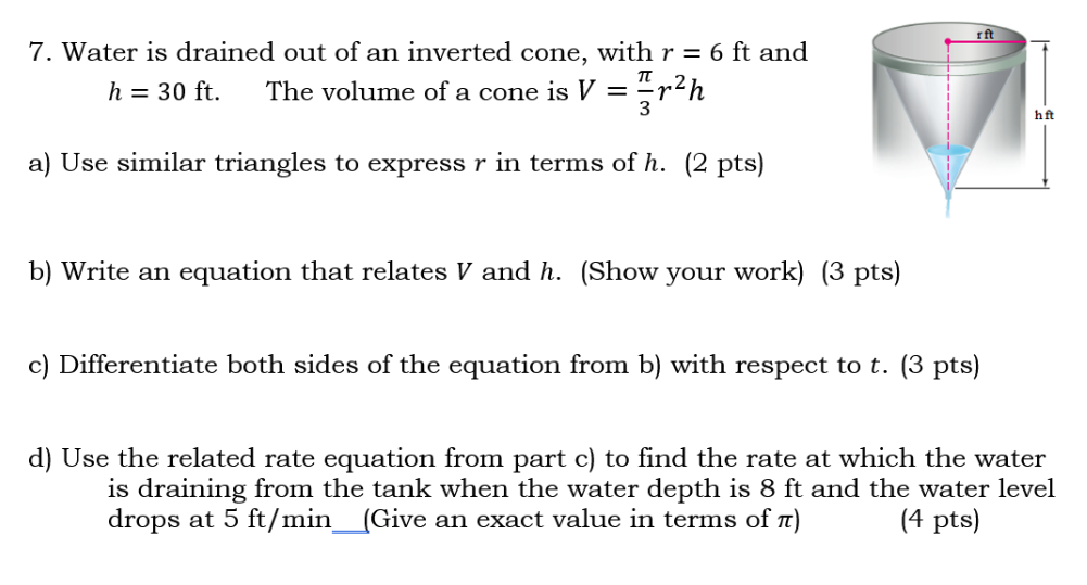 Solved rft 7. Water is drained out of an inverted cone, with | Chegg.com
