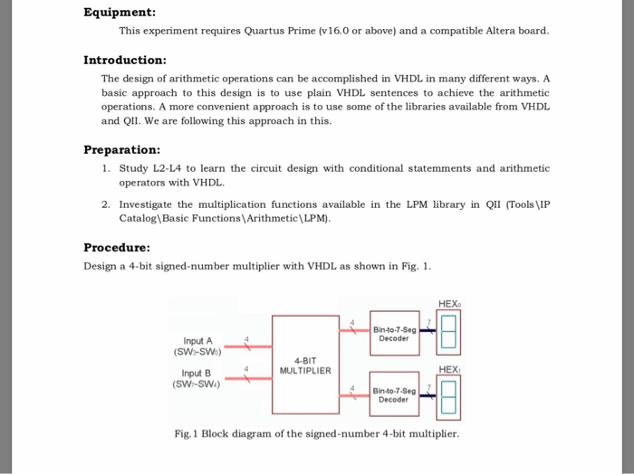 Equipment This experiment requires Quartus Prime | Chegg.com
