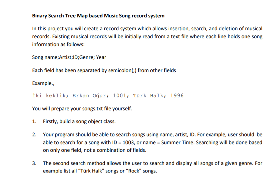 Solved (JAVA) Binary Search Tree Map based Music Song record | Chegg.com