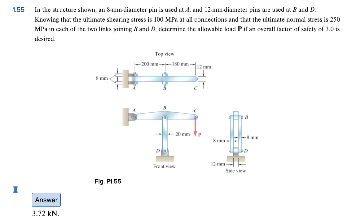 Solved 1.55 In the structure shown, an 8-mm-diameter pin is | Chegg.com