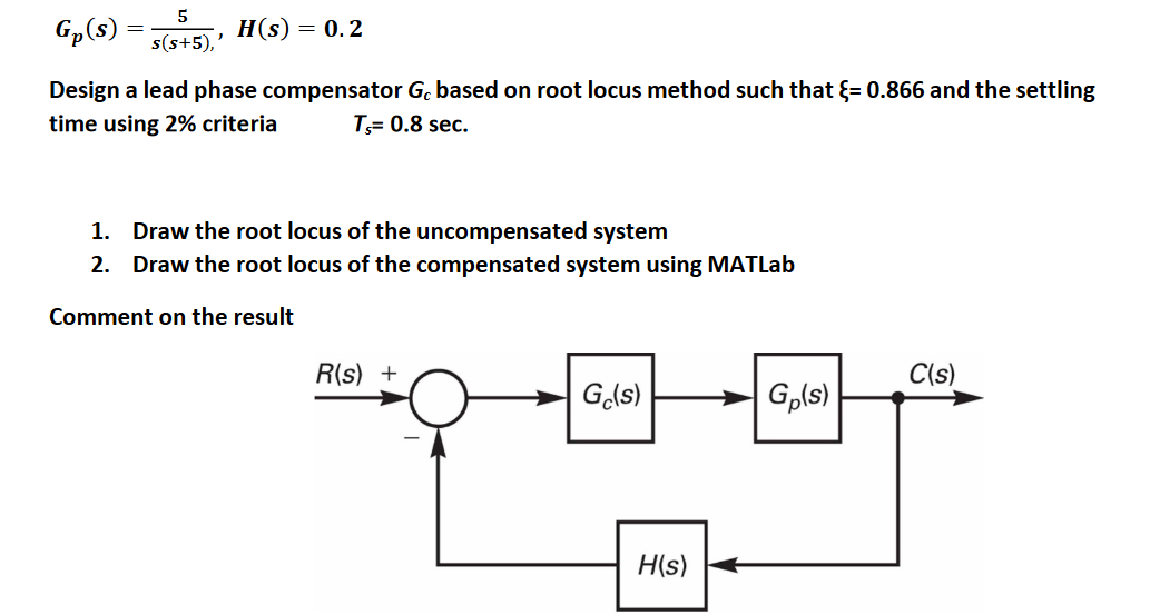 Solved Gp(s)=s(s+5),5,H(s)=0.2 Design a lead phase | Chegg.com
