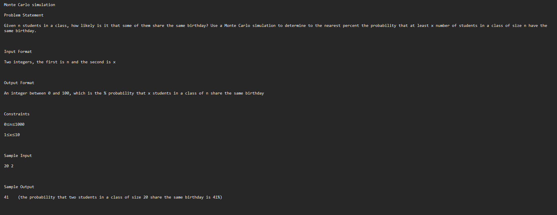 Solved Monte Carlo simulation Problem Statement same | Chegg.com