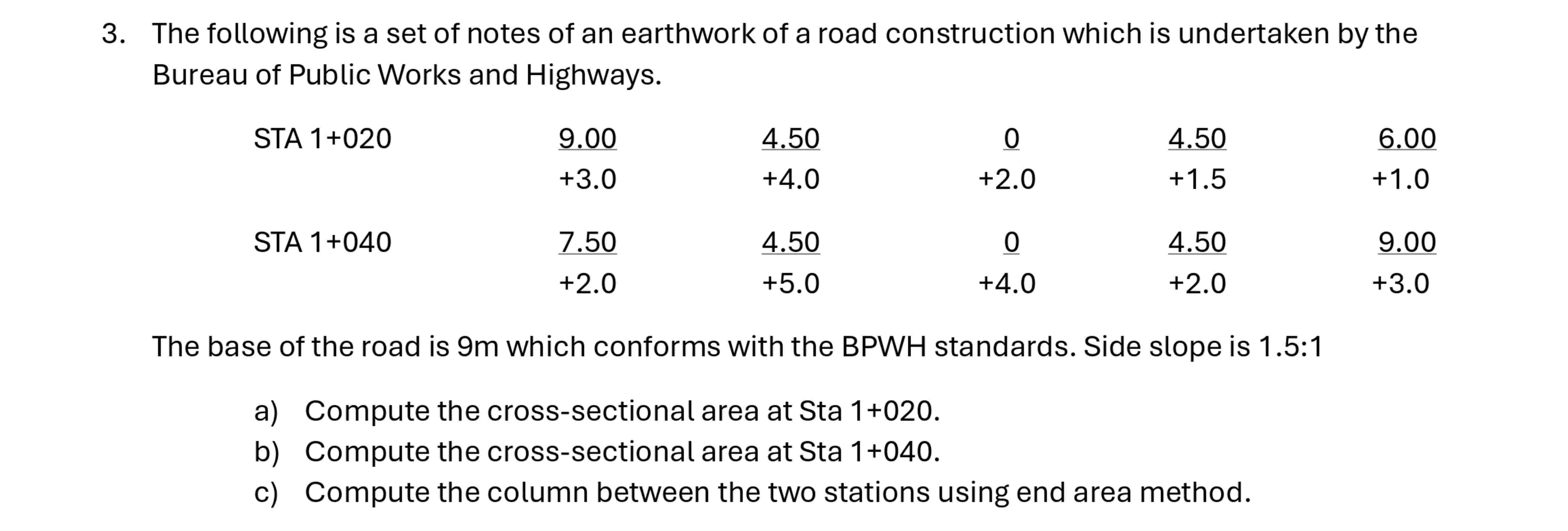 Solved 3. ﻿The following is a set of notes of an earthwork | Chegg.com