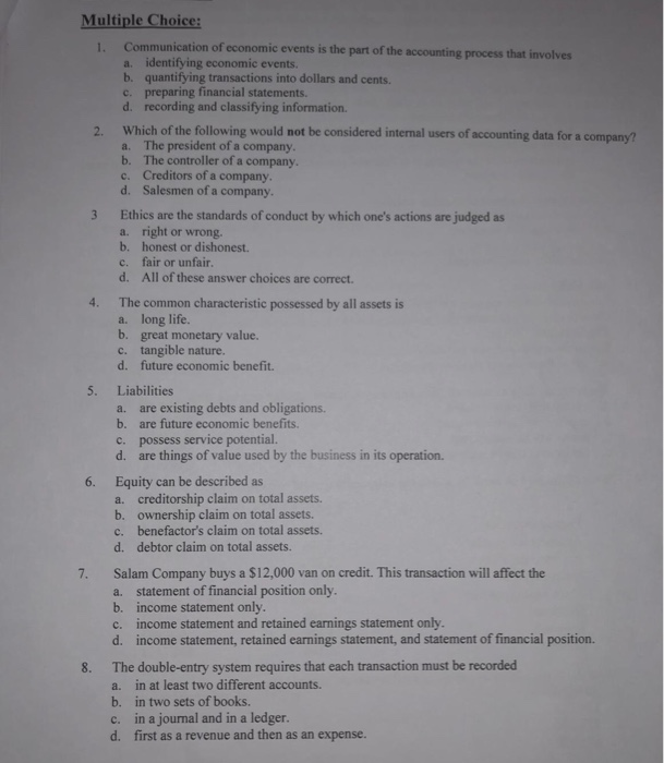 Solved Multiple Choice: Communication of economic events is | Chegg.com
