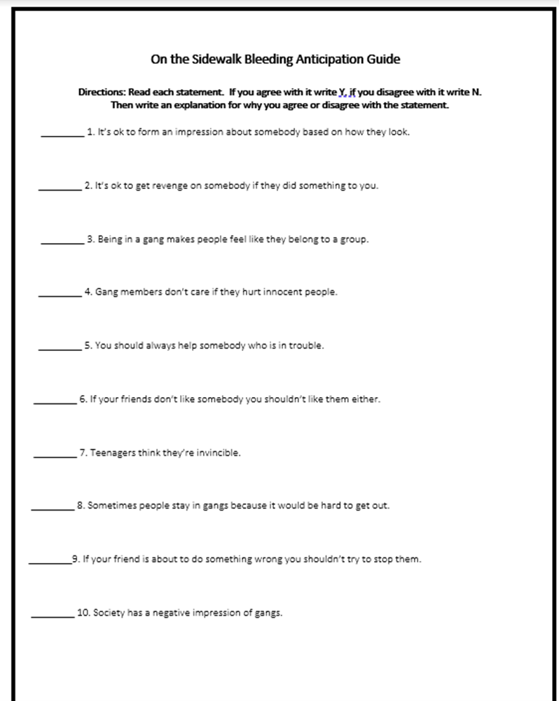 Solved On the Sidewalk Bleeding Anticipation Guide | Chegg.com