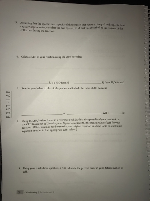 Solved Section: Name: EXPERIMENT 8: CALORIMETRY Pre-Lab | Chegg.com