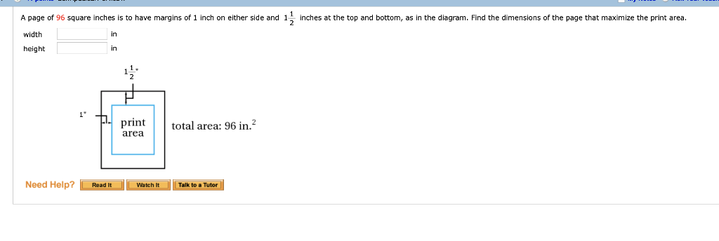 Solved A page of 96 square inches is to have margins of 1 | Chegg.com