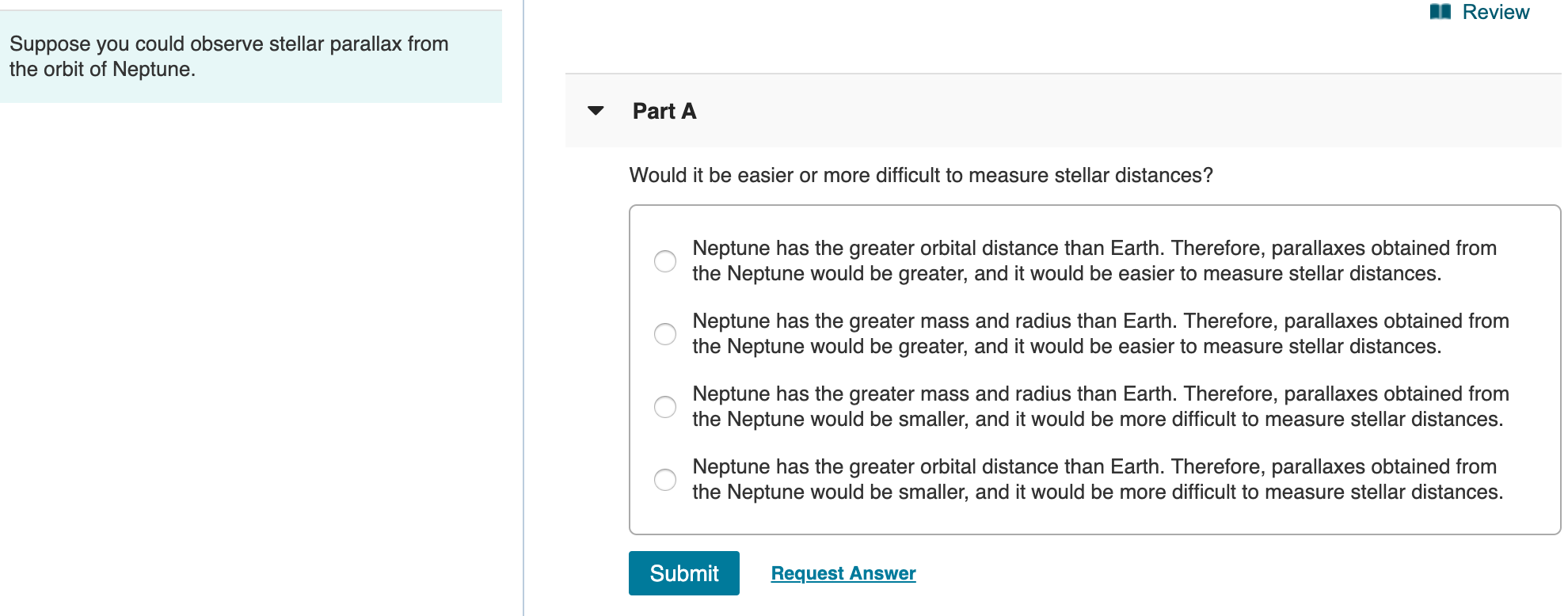Solved A Review Suppose you could observe stellar parallax | Chegg.com