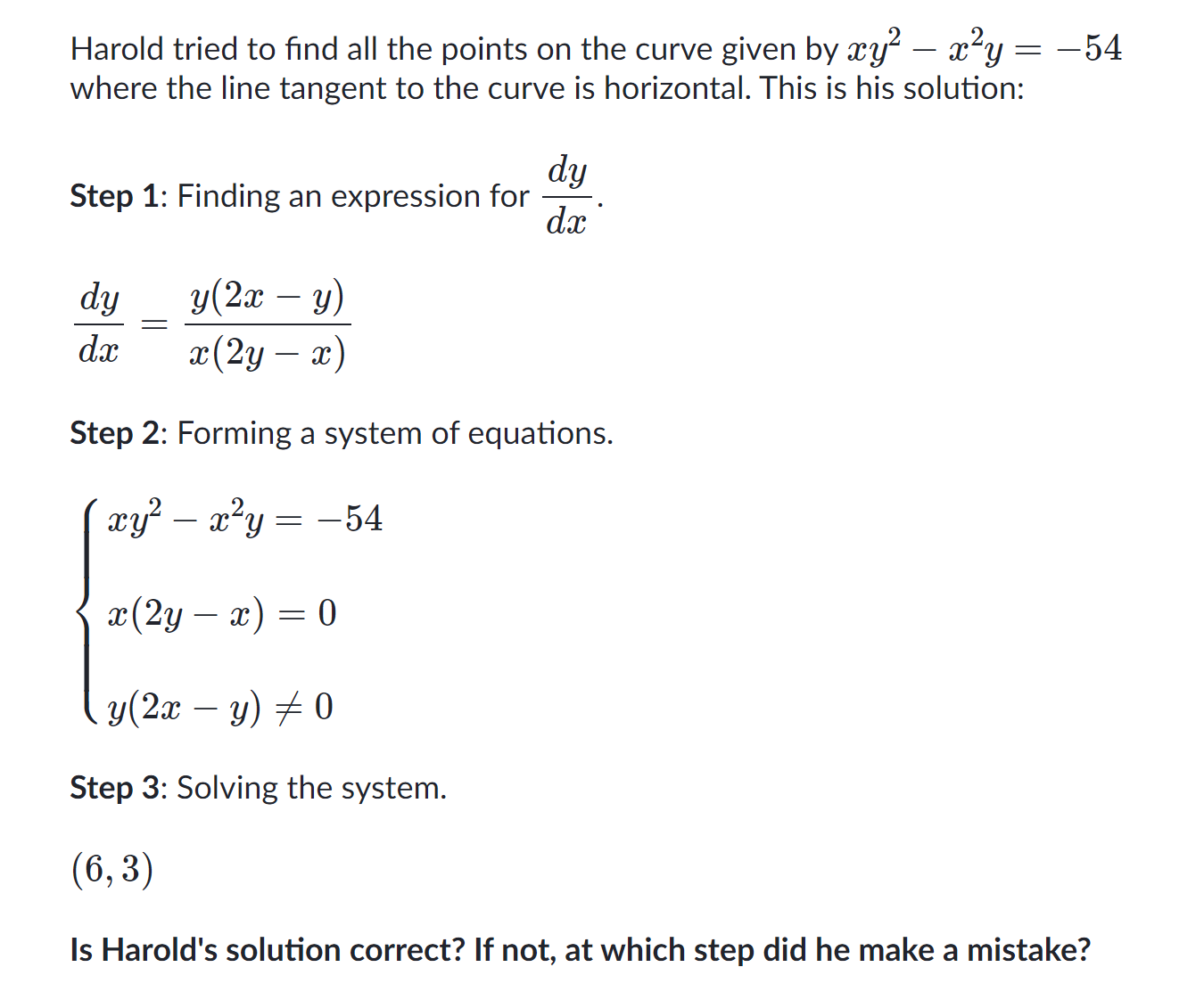 Solved Harold tried to find all the points on the curve | Chegg.com