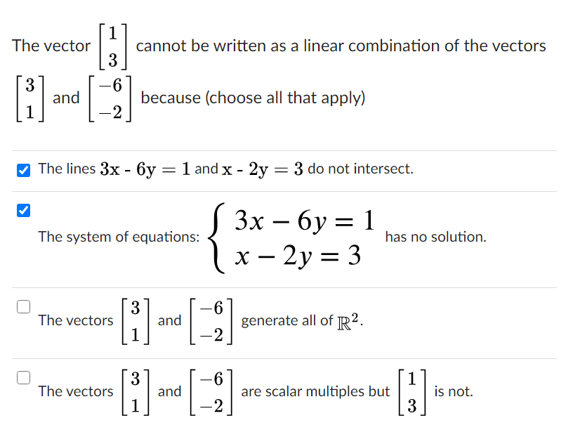 Solved The vector cannot be written as a linear combination | Chegg.com