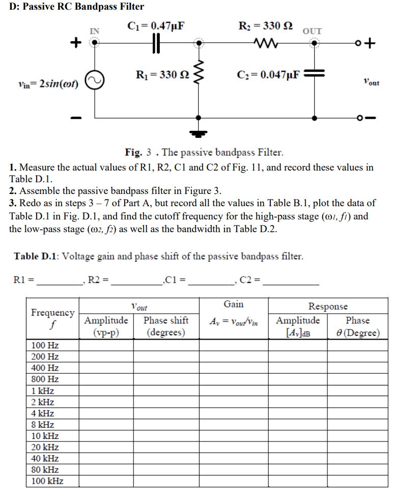 Solved D: Passive RC Bandpass Filter Fig. 3 . The passive | Chegg.com