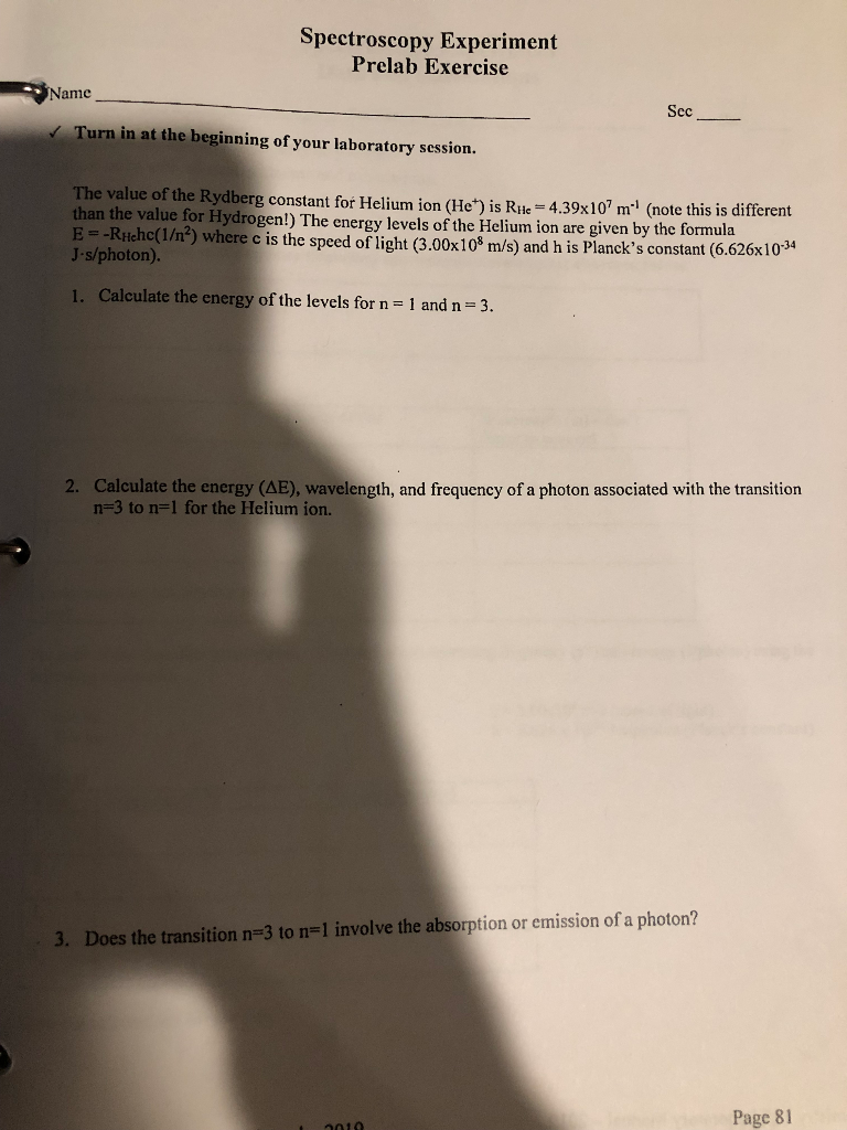 Solved Spectroscopy Experiment Prelab Exercise Name Sec Turn | Chegg.com