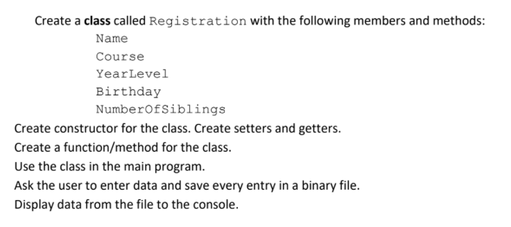 Solved Create a class called Registration with the following | Chegg.com