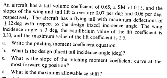 Solved An aircraft has a tail volume coefficient of 0.65 , a | Chegg.com