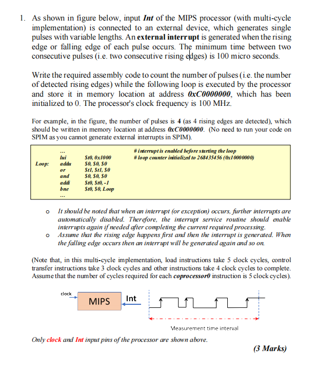 Solved 1. As shown in figure below, input Int of the MIPS | Chegg.com