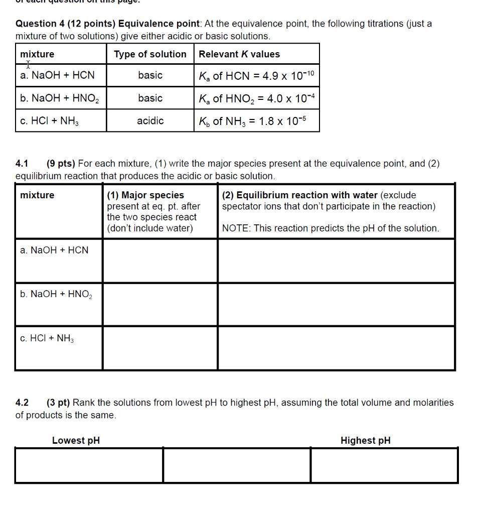 Solved Question 4 (12 points) Equivalence point: At the | Chegg.com