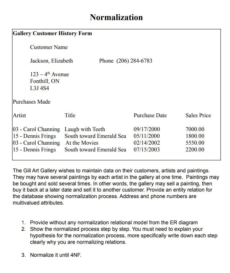 Solved Normalization Gallery Customer History Form Customer | Chegg.com