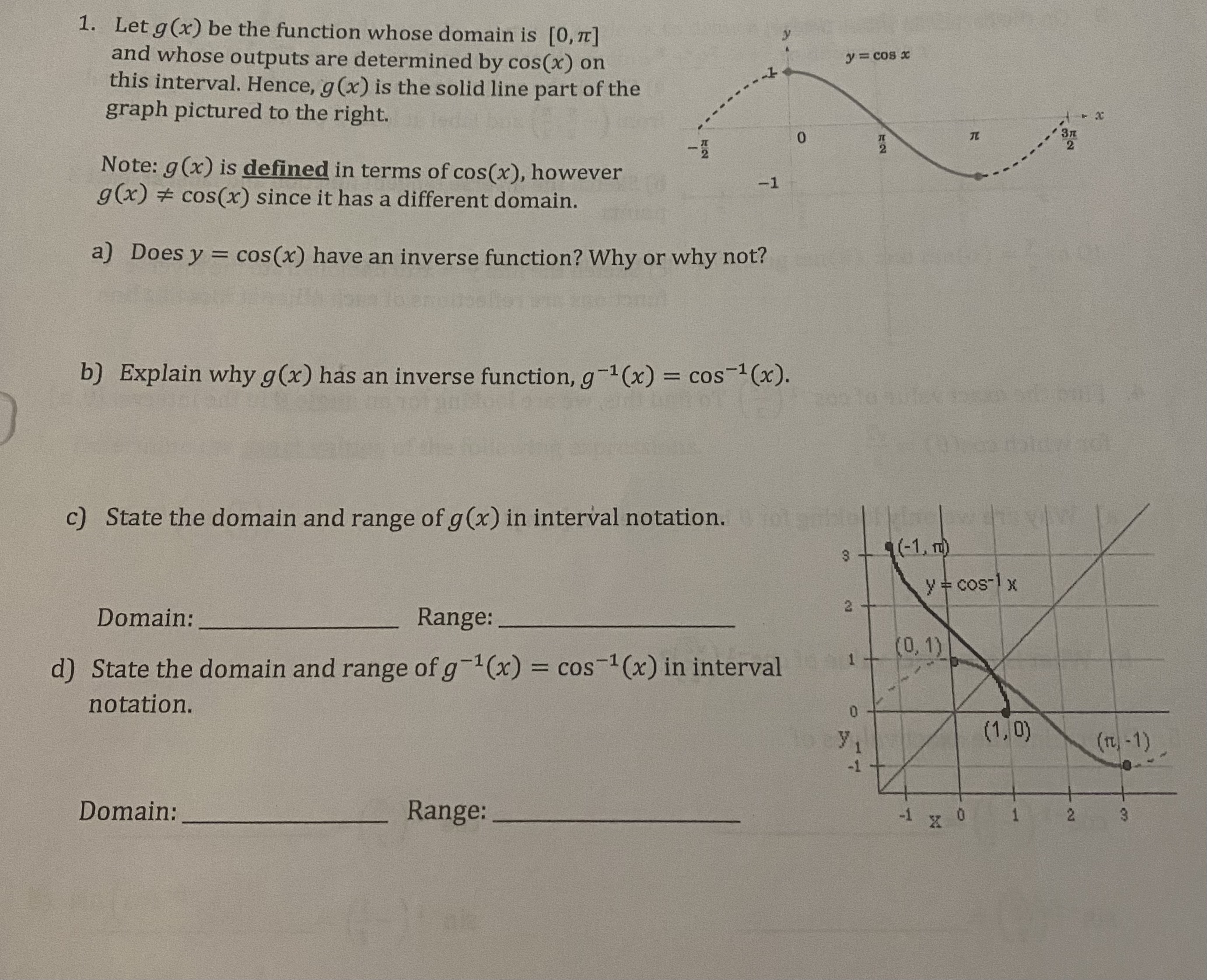 Solved 1. Let g(x) be the function whose domain is [0,π] and | Chegg.com