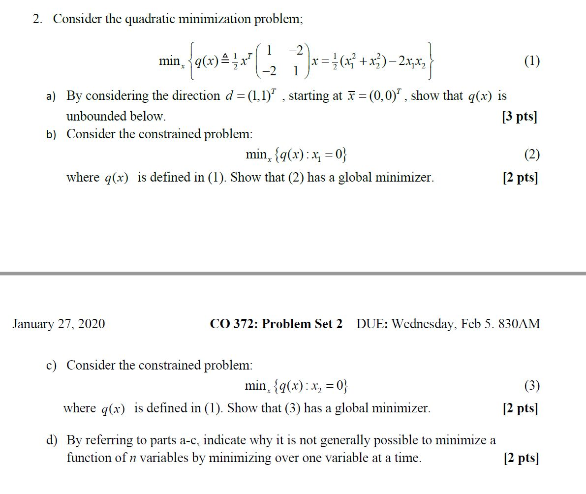 2. Consider the quadratic minimization problem; min, | Chegg.com